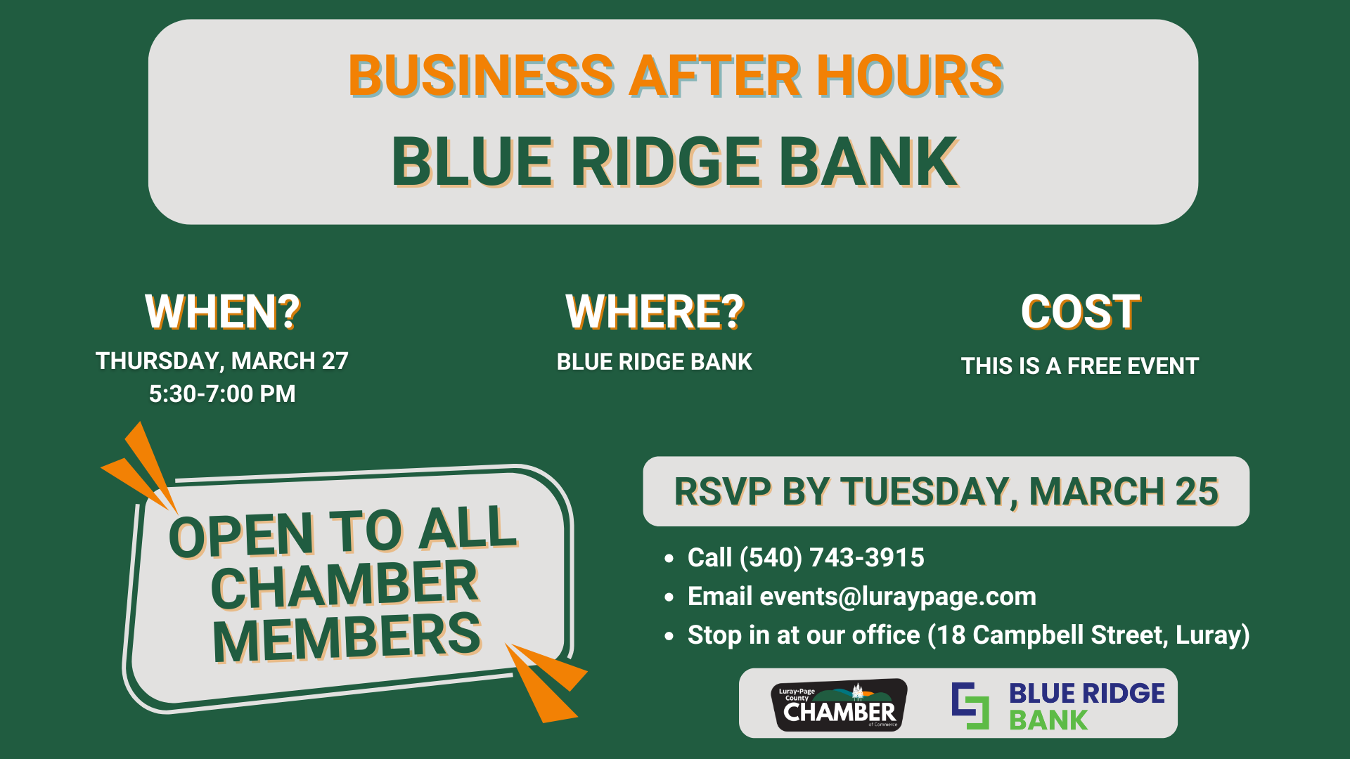Business After Hours - Blue Ridge Bank | Luray-Page Chamber of Commerce